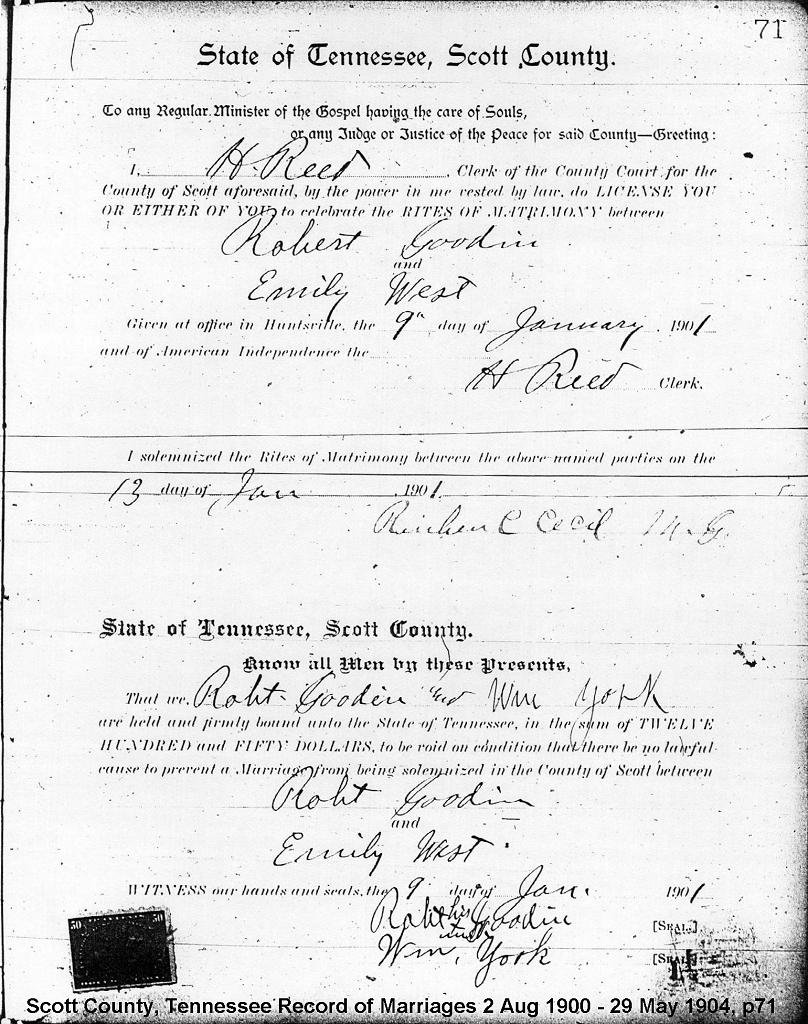 Scott Co, TN Marriages 1901-1910