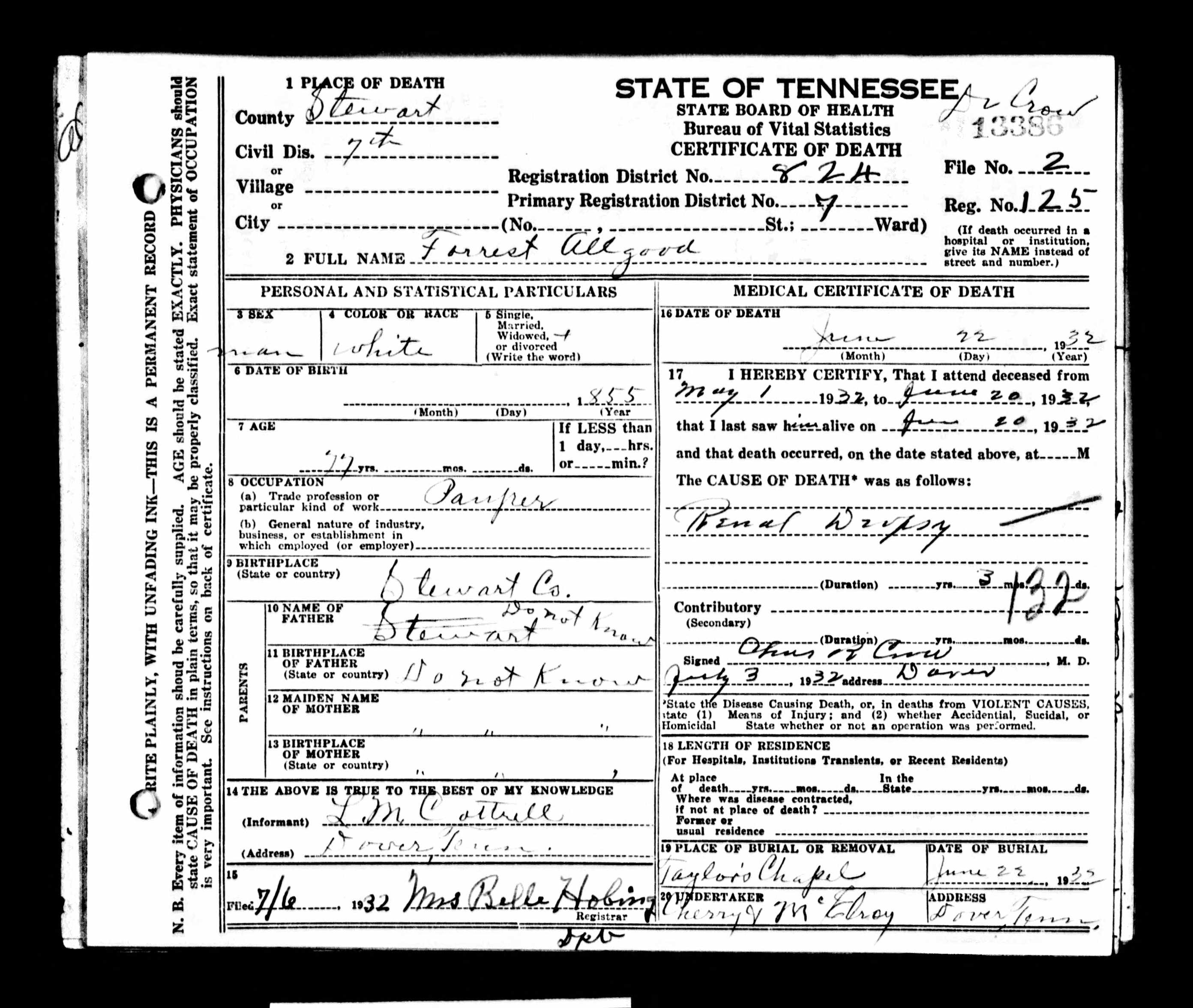 Stewart County Deaths by Name, 1908-1958