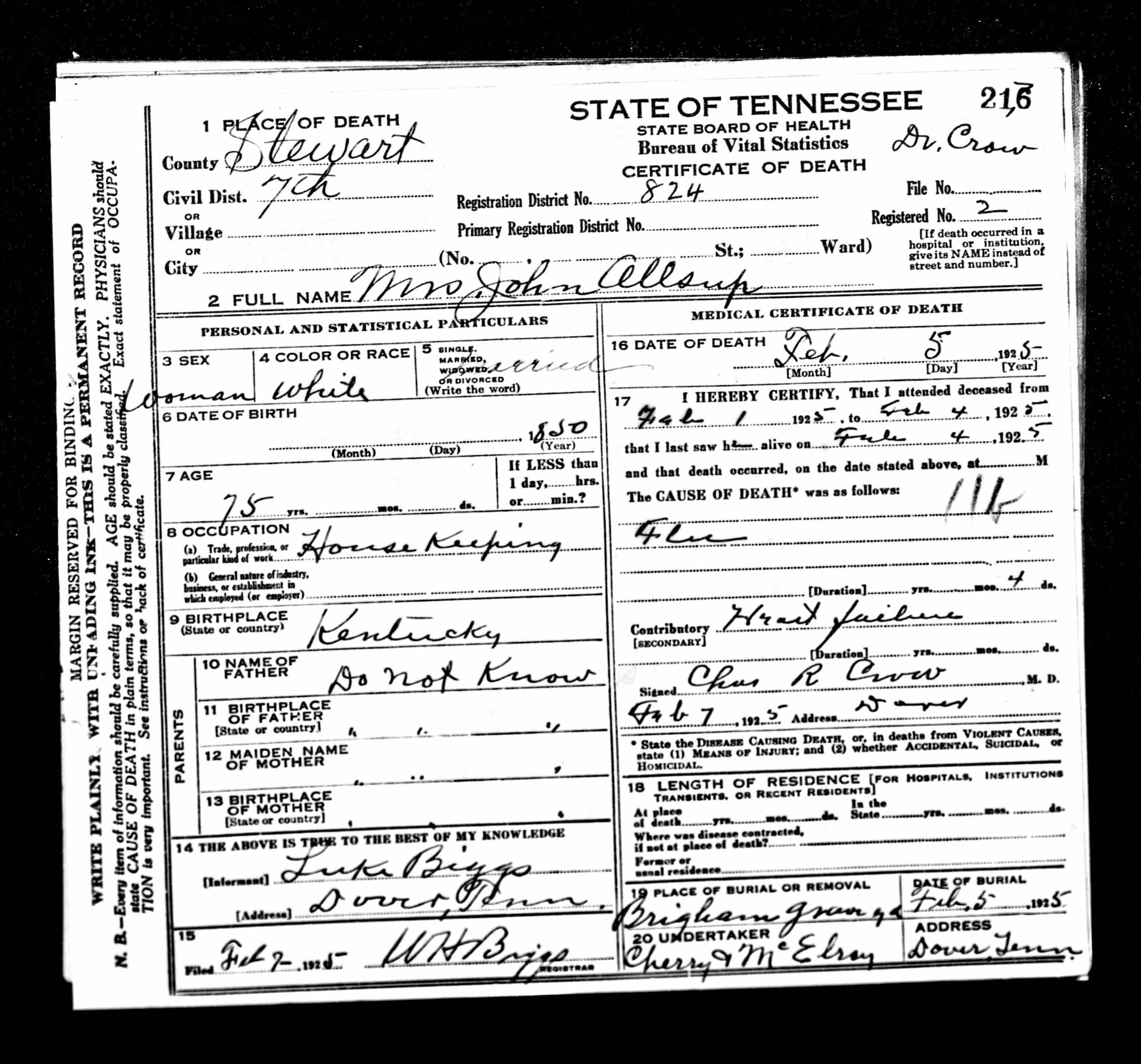 Stewart County Deaths by Name, 1908-1958