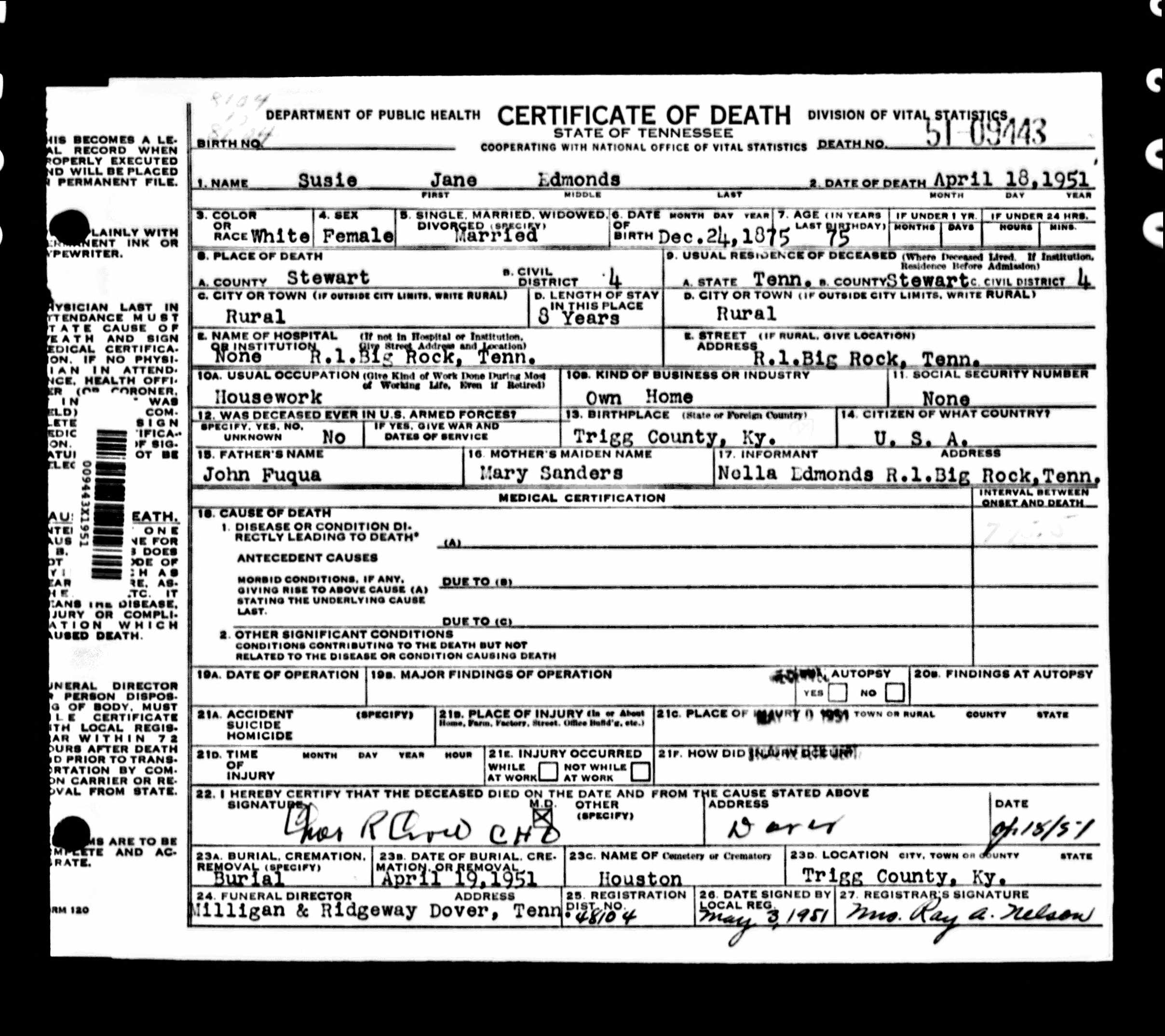 Stewart County Deaths by Name, 1908-1958